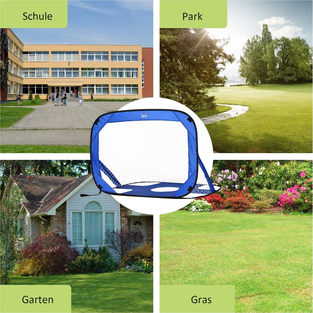 HOMCOM Pop Up fotbalové branky Sada 2 přenosných skládacích mini branek s taškou na přenášení Modrá 123x80x80 cm pro zahradní a sportovní aktivity | …