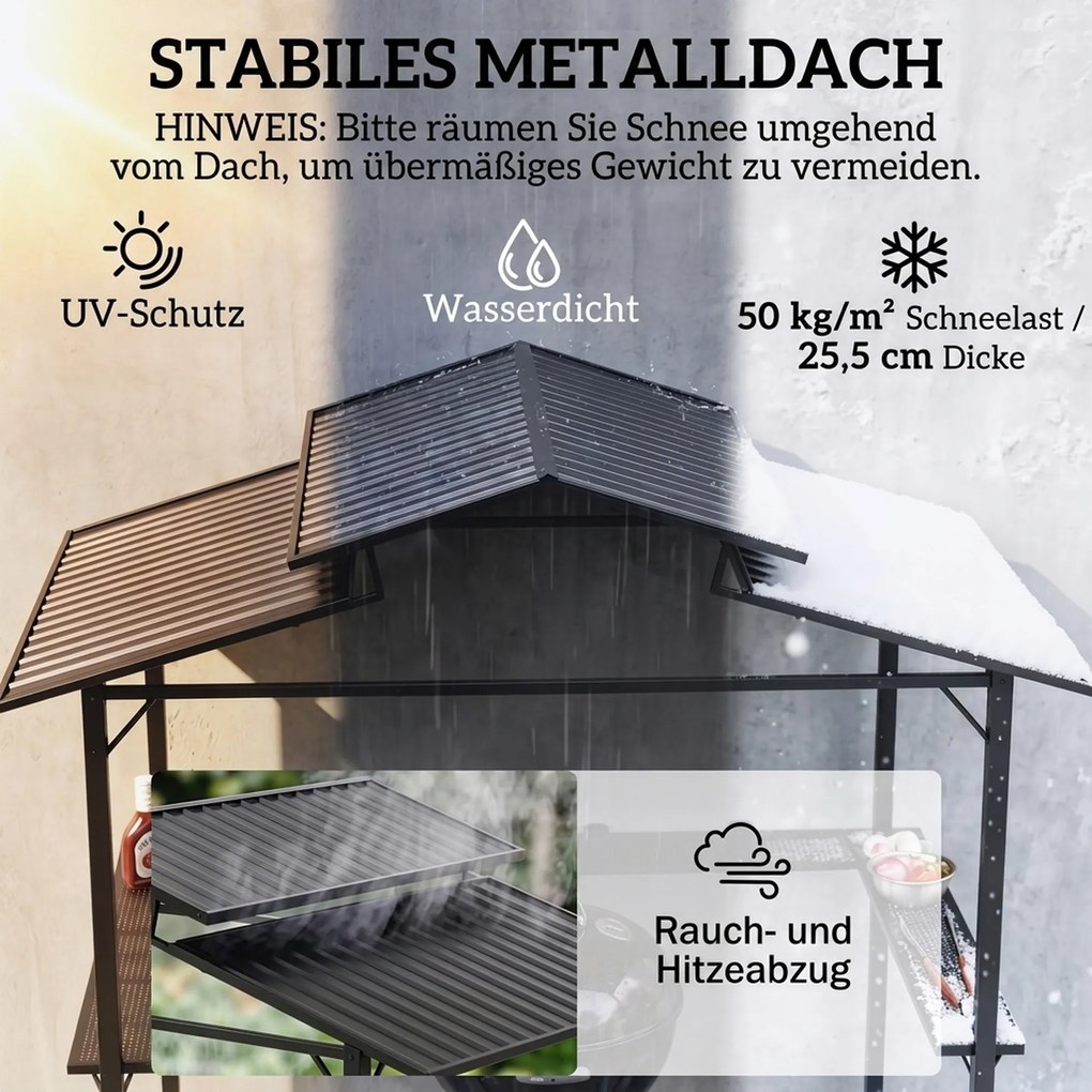 Grilovací Pavilion Outsunny 250 x 160 x 250 cm - Voděodolný Zahradní Pavilon s Dvojitým Středním Štítem, Bočními Policemi a UV Ochrannou, BBQ Pavilio…