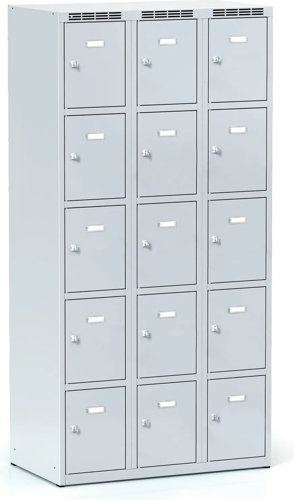 Šatní skříňka S6 s úložnými boxy, 15 boxů, 1800 x 900 x 500 mm, otočný zámek, šedé dveře