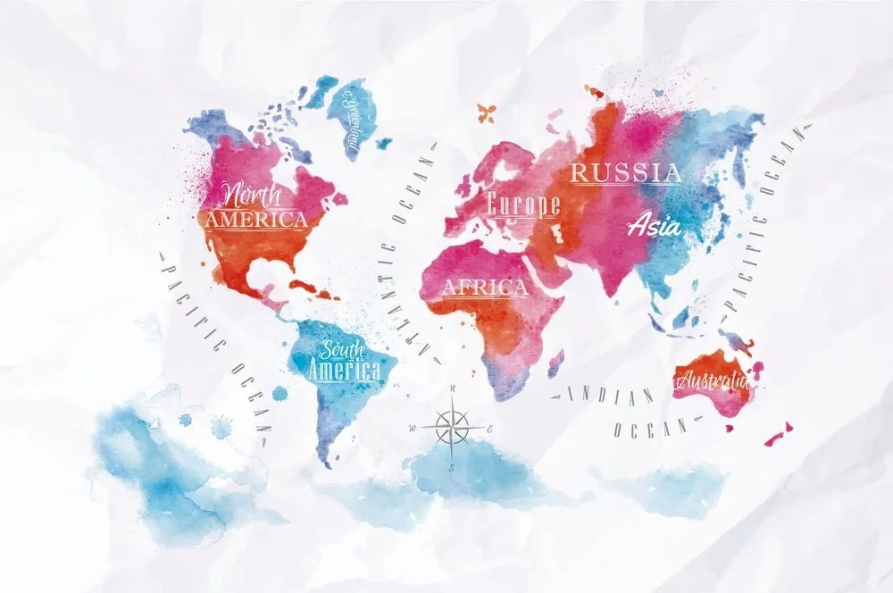 Tapeta akvarelová mapa světa - 300x200 cm