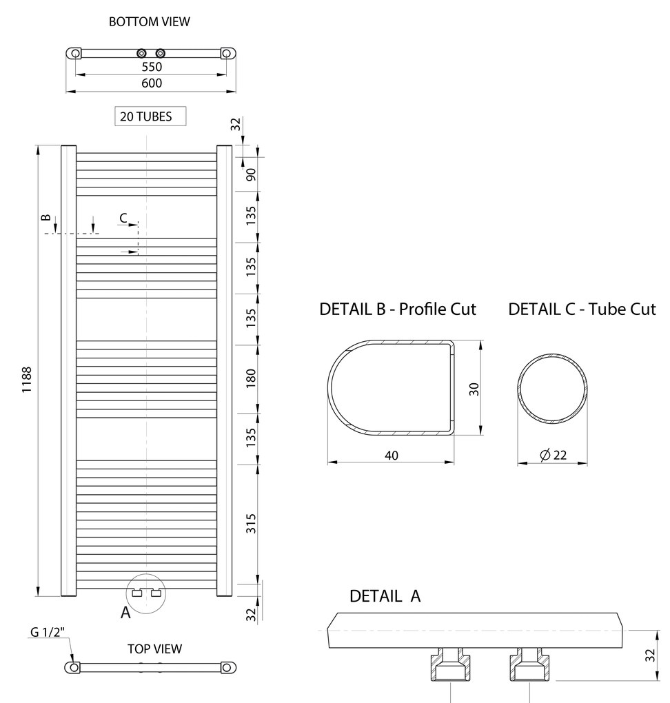 Aqualine ALYA otopné těleso rovné 600 x 1188 mm středové připojení chrom LLS303