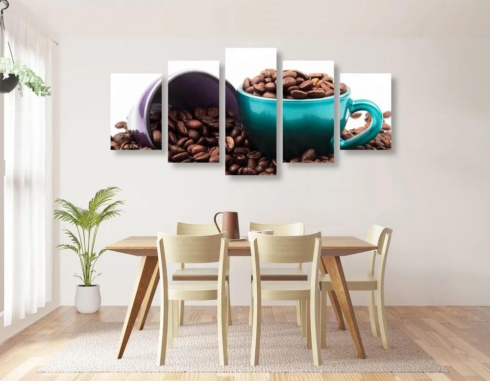5-dílný obraz šálky s kávovými zrnky - 100x50 cm