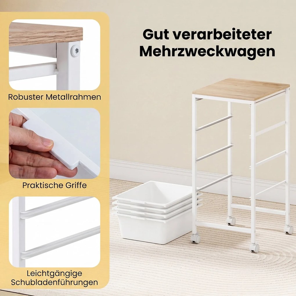 Costway Pojízdný zásuvkový vozík s 4 zásuvkami z plastu – 37 × 32,5 × 71 cm