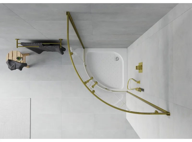 Mexen Rio, čtvrtkruhový sprchový kout s posuvnými dveřmi 80 (dveře) x 80 (dveře) x 190 cm, 5mm čiré sklo, zlatý profil + bílá sprchová vanička RIO, 863-080-080-50-00-4710