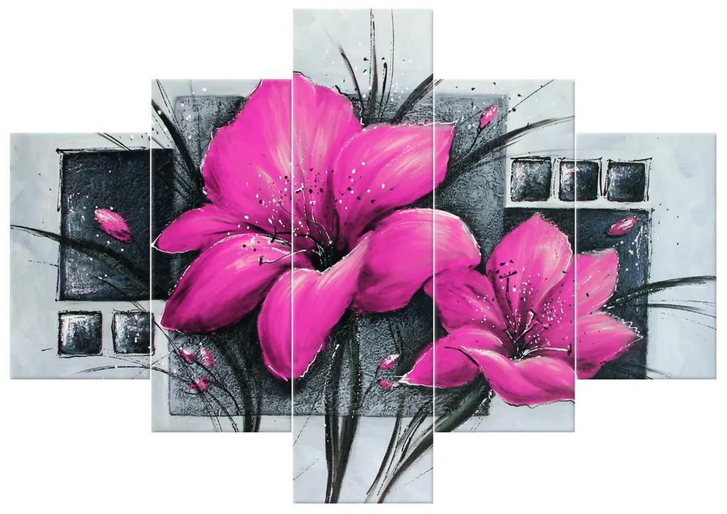 Gario Ručně malovaný obraz Nádherné růžové Vlčí máky - 5 dílný Rozměry: 150 x 70 cm