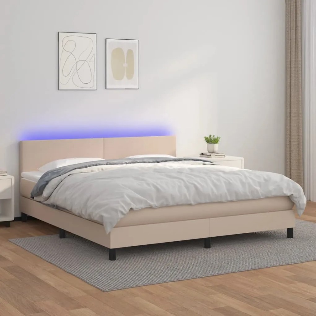 Box spring postel matrace a LED cappuccino 160x200cm umělá kůže