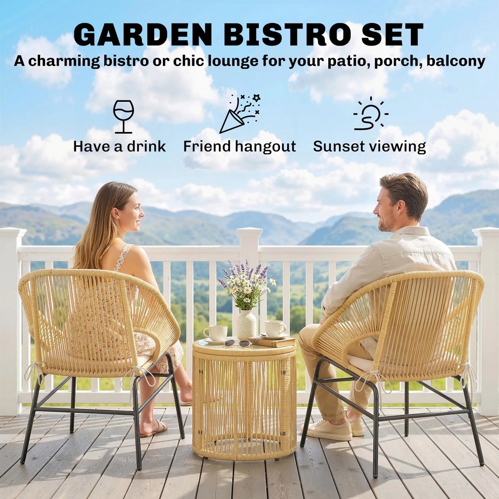 Outsunny 3dílný ratanový bistro set – 2 polstrovaná křesla a tvrzený skleněný stolek, béžová