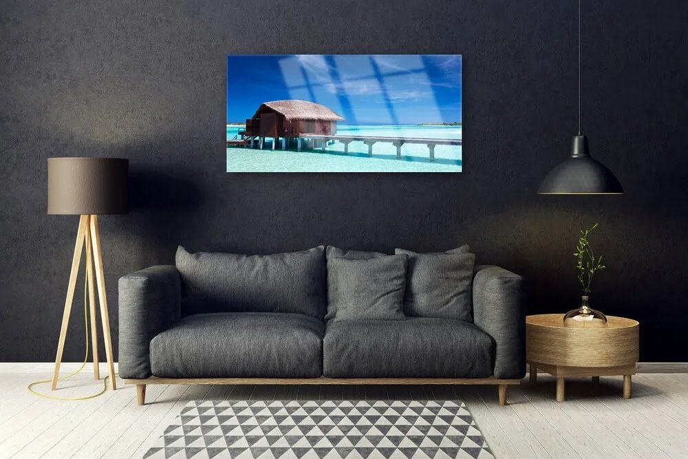 Obraz na skle Moře Pláž Dům Architektura 120x60 cm