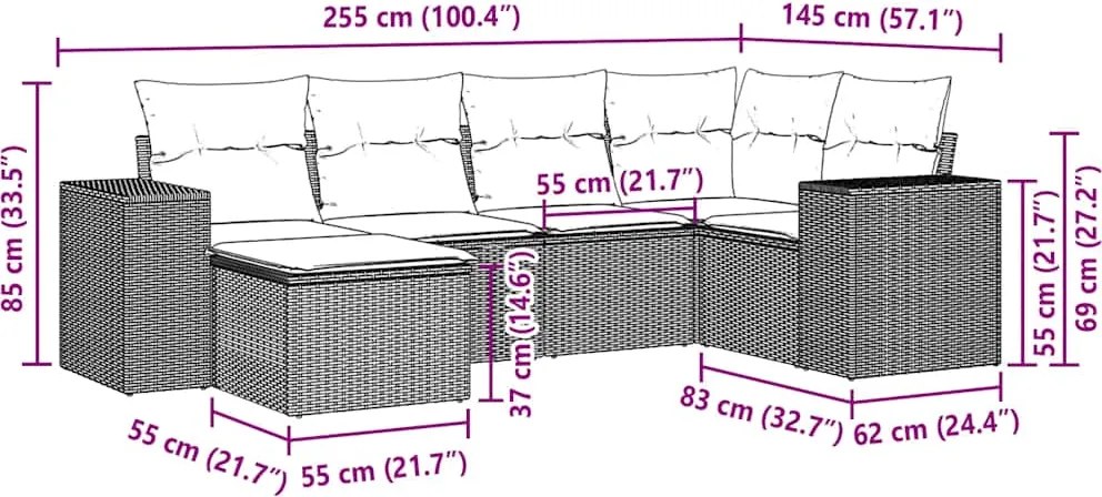 6dílná zahradní sedací souprava a podušky světle šedá polyratan 3255199