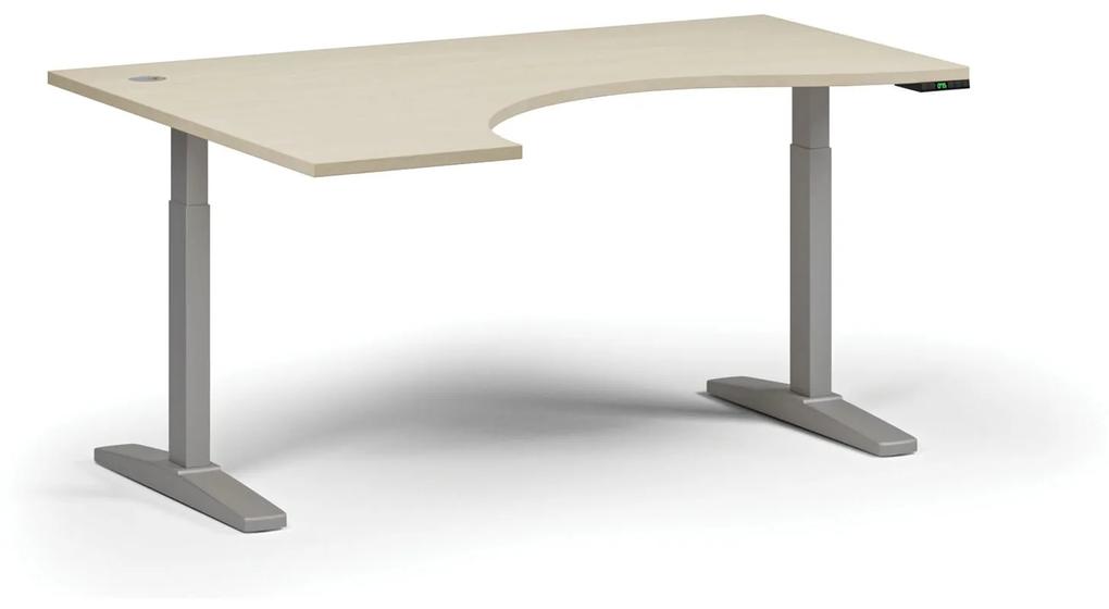 Výškově nastavitelný stůl, elektrický, 675-1325 mm, ergonomický levý, deska 1600x1200 mm, šedá podnož, ořech