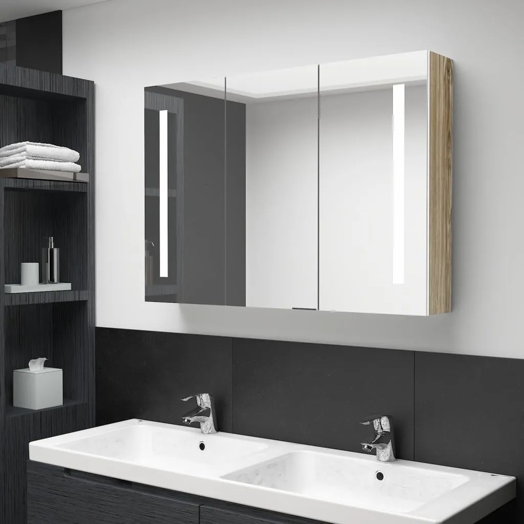 326530 vidaXL LED koupelnová zrcadlová skříňka 89 x 14 x 62 cm bílá a dub