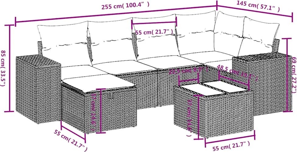 7dílná zahradní sedací souprava s poduškami černá polyratan 3264421
