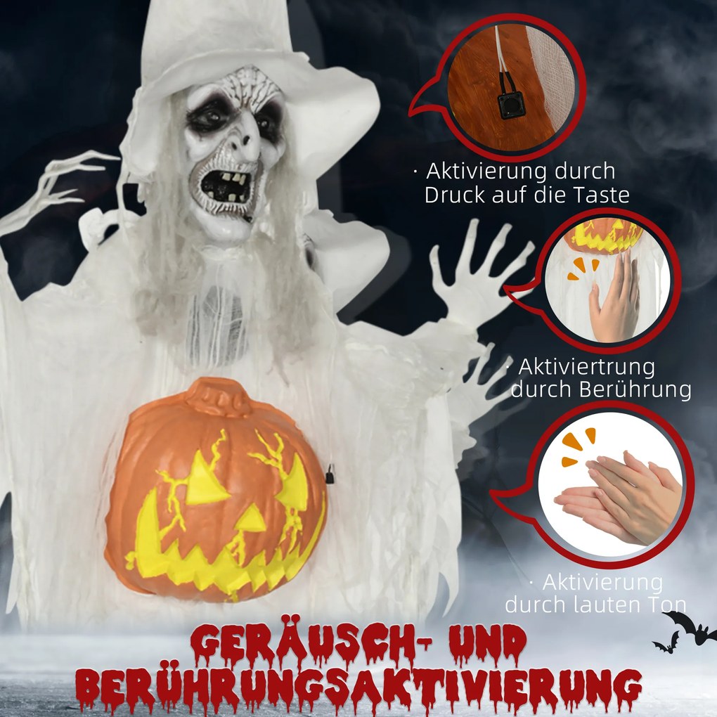 HOMCOM Halloween duch, Halloween dekorace, zvuková funkce, s pohybovým senzorem a LED světly, 60 cm x 18 cm x 183 cm