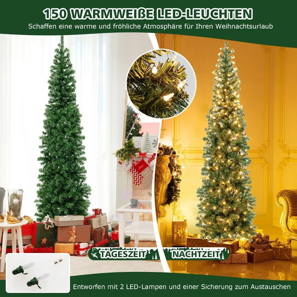 Costway 210 cm Umělý poloviční vánoční stromeček sváteční strom s 150 LED světly