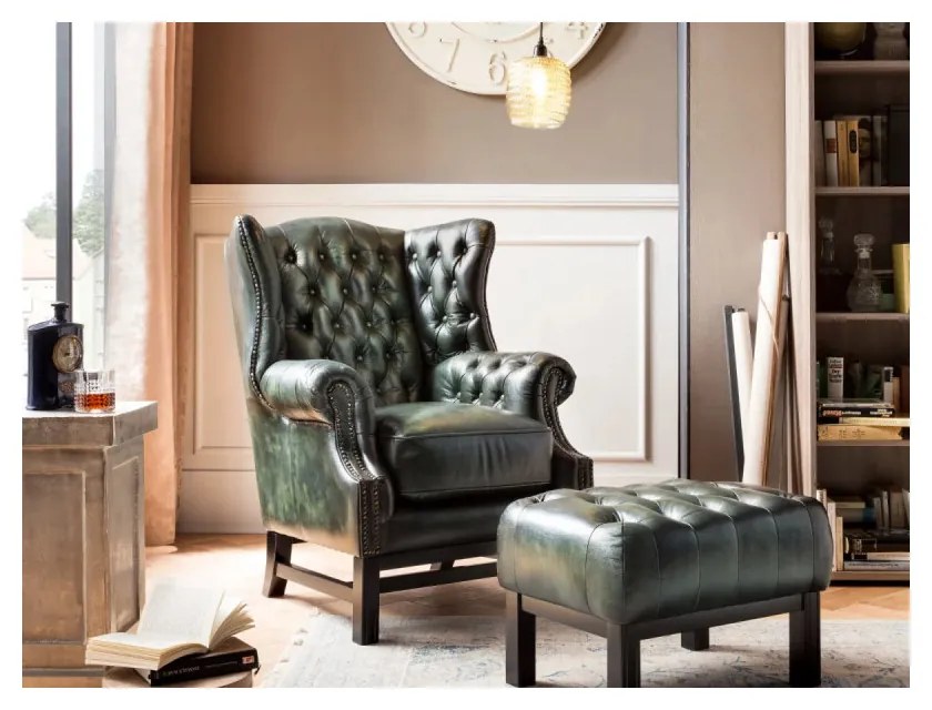 Massive home | Luxusní křeslo Chesterfield Kingsfield z pravé kůže - zelené