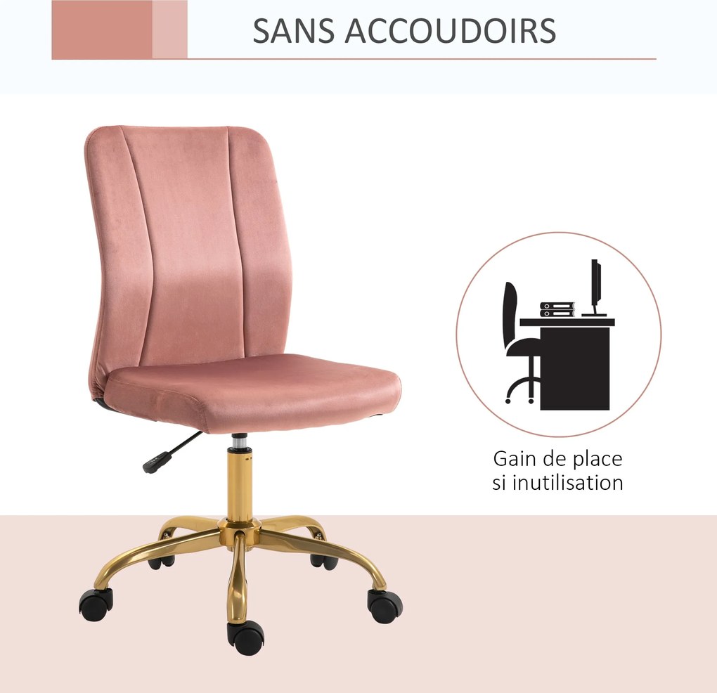 Vinsetto Moderní Kancelářská Židle s 360° Otočením, Ergonomický Zakřivený Opěrák, Nastavitelná Výška, Sametový Potah, 56 x 60 x 102 cm, Růžová a Zlatá