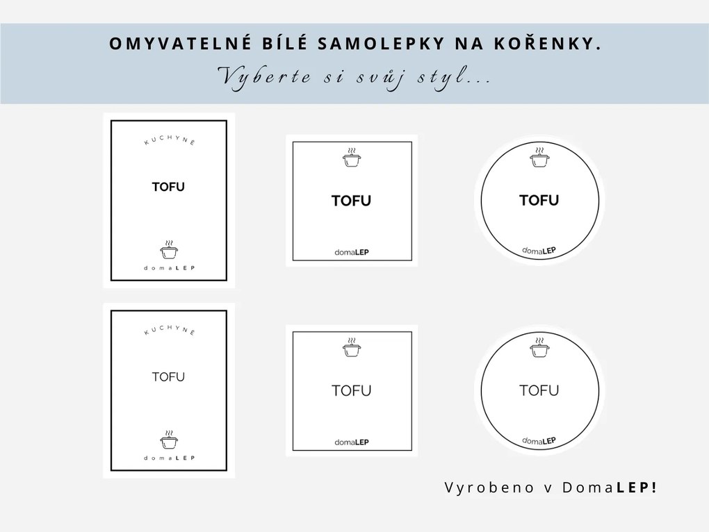 TOFU - omyvatelná samolepka na kořenky, výběr rozměrů Ø 5 cm / 5 x 5 cm / 6 x 8 cm | DomaLEP tvar: KOLEČKO, barva: BÍLÁ - ČERNÉ písmo, velikost: Ø 5 cm - tučné písmo
