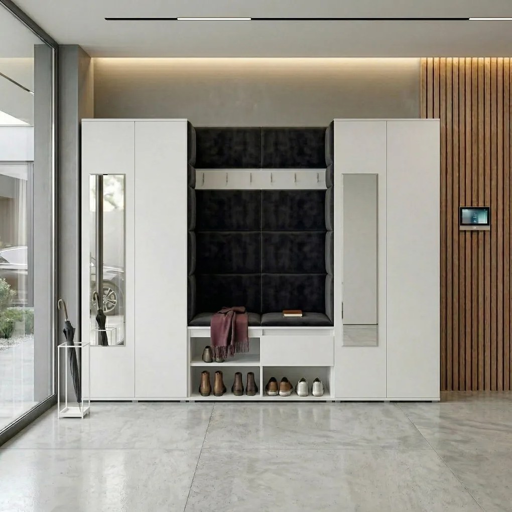 Předsíňová stěna Trinity 10 s čalouněnými panely, 280 cm, bílá / černá