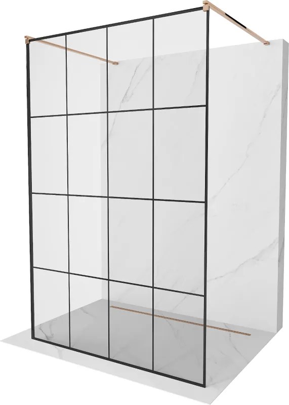 Mexen Kioto, průchozí sprchová zástěna 140 x 200 cm, 8mm sklo čiré/černý vzor, 2x růžové zlato stabilizační rozpěra, 800-140-002-60-77