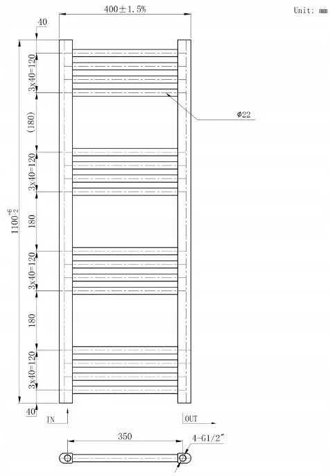 Gamma Erga Basic, topné těleso 1100x400 mm, 434 W, černá, ERG-LAV-BASIC-11040-BK