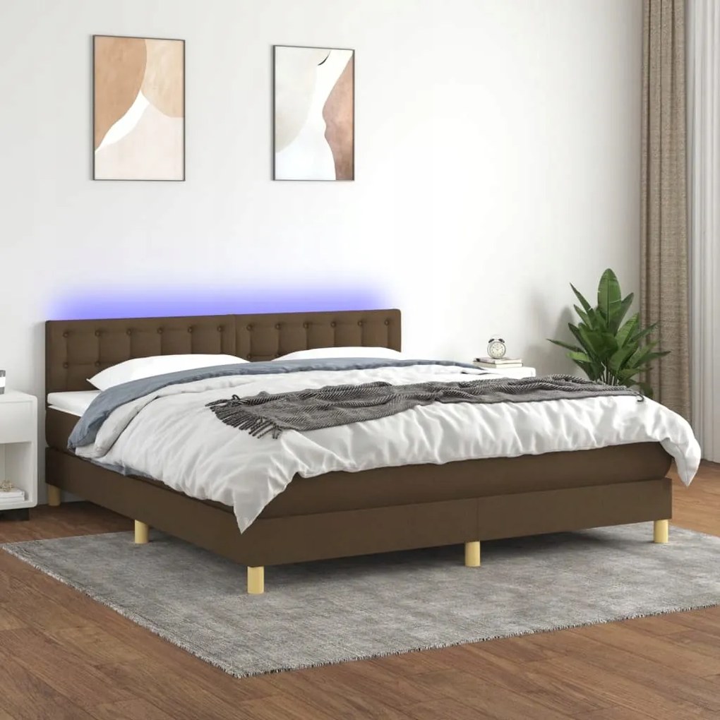 Box Spring Postel S Matrací A Led Textil Tmavě Hnědá tlačítka 180 x 200 c