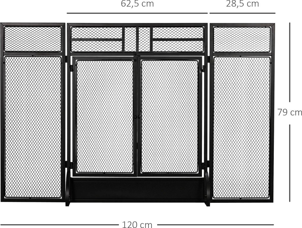 HOMCOM Oheň Obrazovka Skládací Ochranný Předek Krbu se 3-Dílnými Dvoukřídlovými Dveřmi a Dalšími Nohy 120x11.5x79 cm Černá Kovová Konstrukce