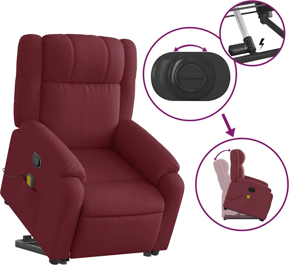 Zvedací masážní polohovací křeslo vínové textil 3205217