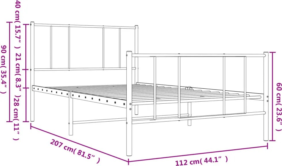 vidaXL Kovový rám postele s hlavovým a nožním čelem 107 x 203 cm [352494] Barva: Bílá