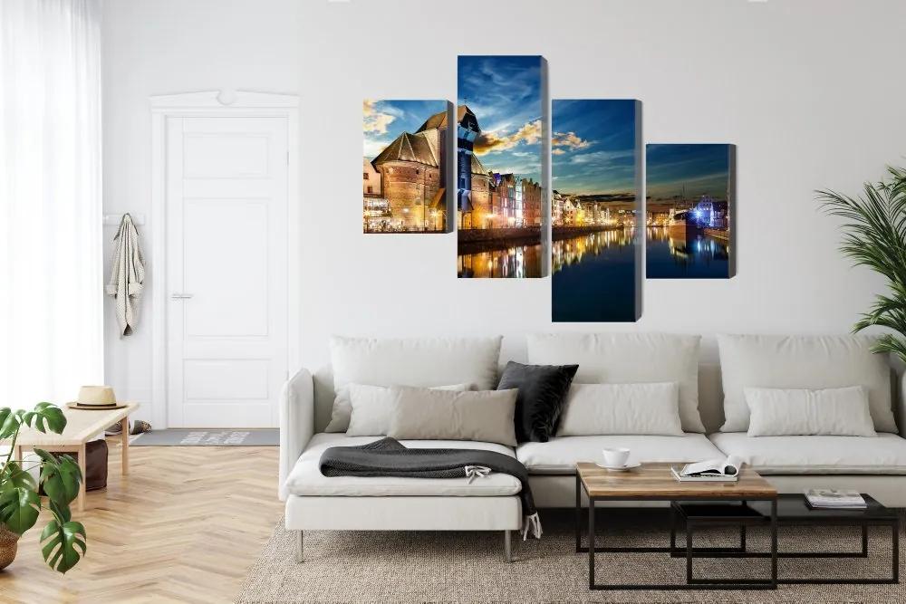 Vícedílný obraz Gdaňské Přístaviště A Jeřáb V Noci Nedostatek Nedostatek Přírodní plátno 240x150