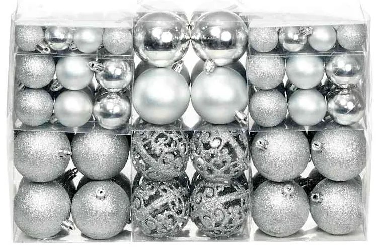 Sada vánočních baněk 100 kusů 3/4/6 cm stříbrná 245712