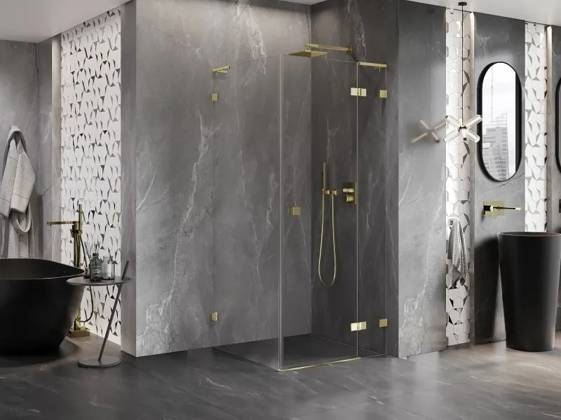 Mexen Lunar, L výklopný sprchový kout pravý 90 x 90 cm, 8mm čiré sklo, zlatý profil, 834L-090-090-50-00-P