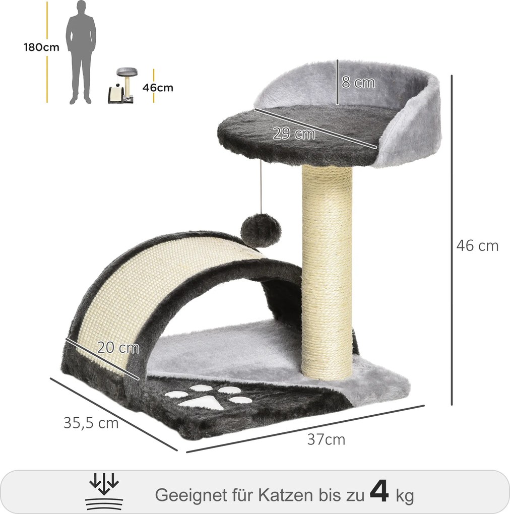 PawHut škrabadlo pro kočky v plyšovém designu s hracími míčky malé 35,5x37x46 cm sisalové škrabadlo šedé levně | Aosom.de