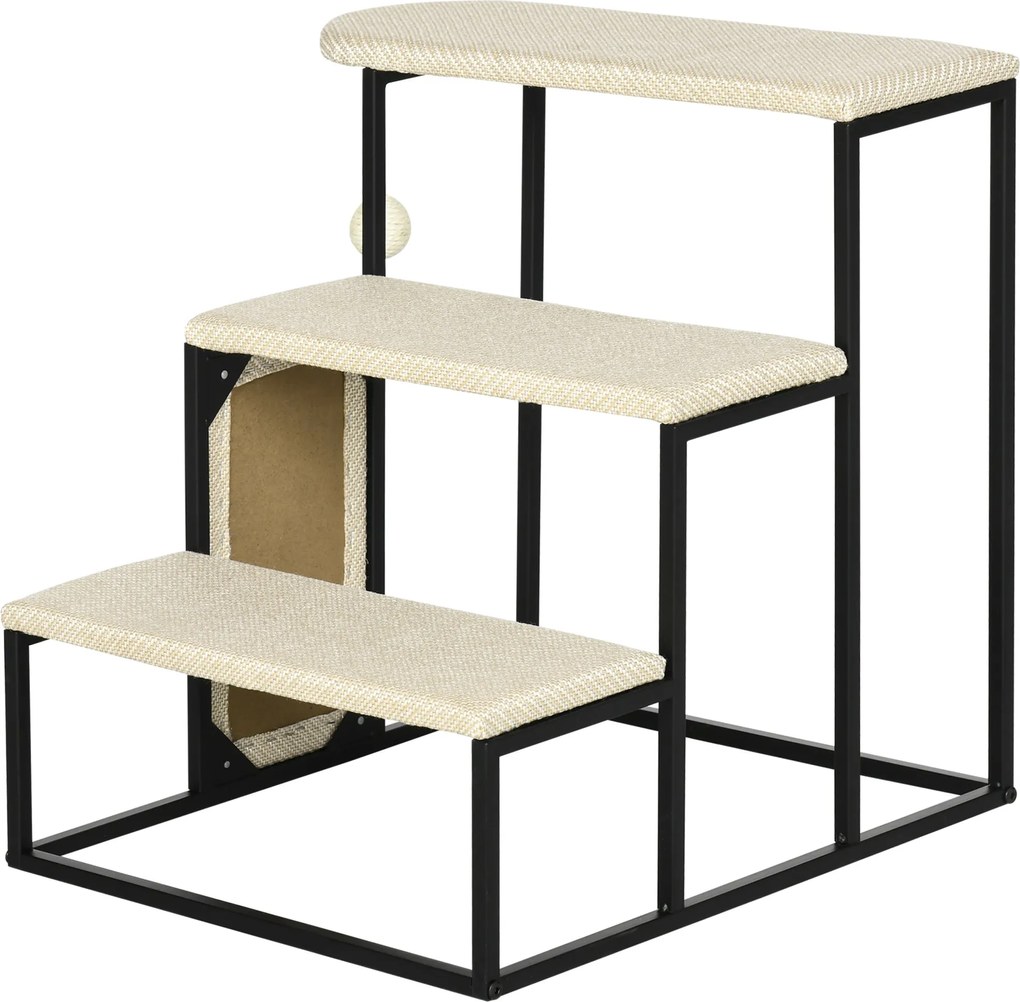 PawHut Pet Schody 3-Krokové Kočičí Schody Psí Schody se Škrabací deskou a Hračkou Doplňková Pomoc Praktické a Lehká Zvířecí Schody Ocel Sisal Krémově
