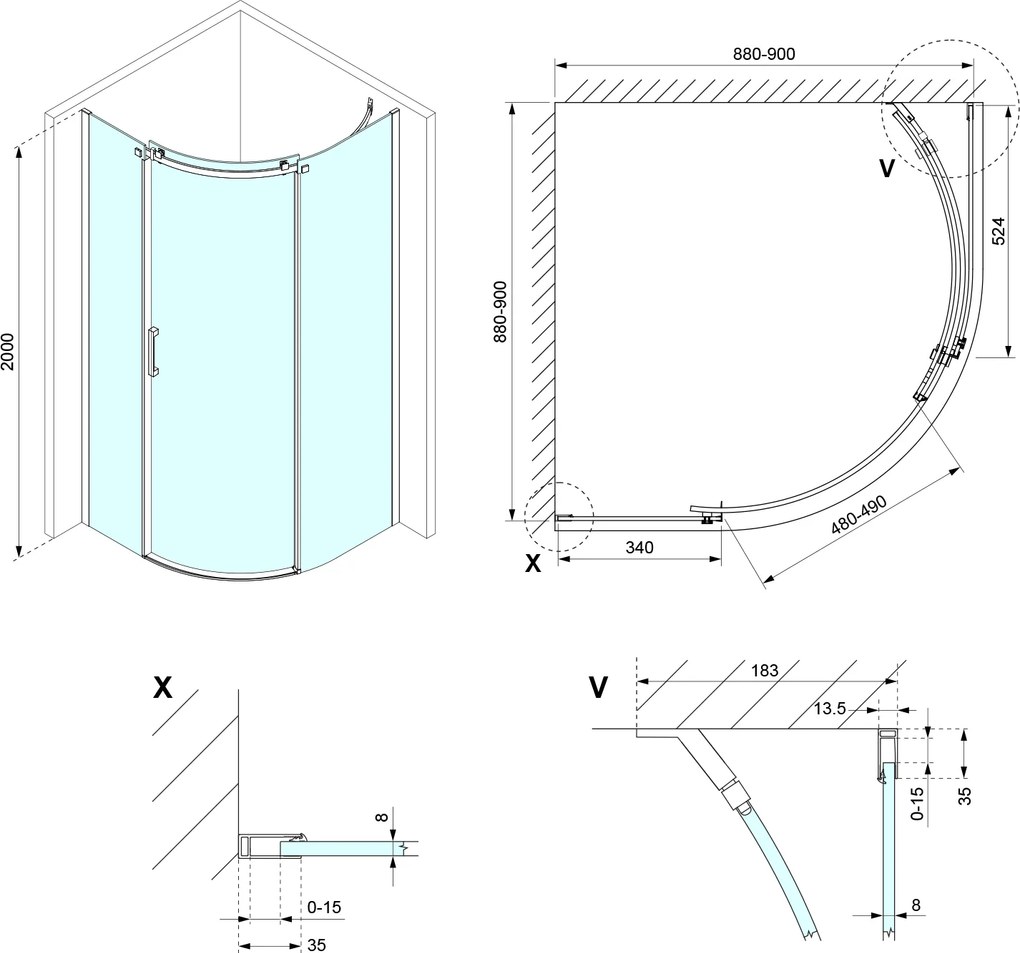 Polysan Polysan, THRON SQUARE čtvrtkruhová sprchová zástěna 900x900mm, čiré sklo, pravá, TL2690R-5002