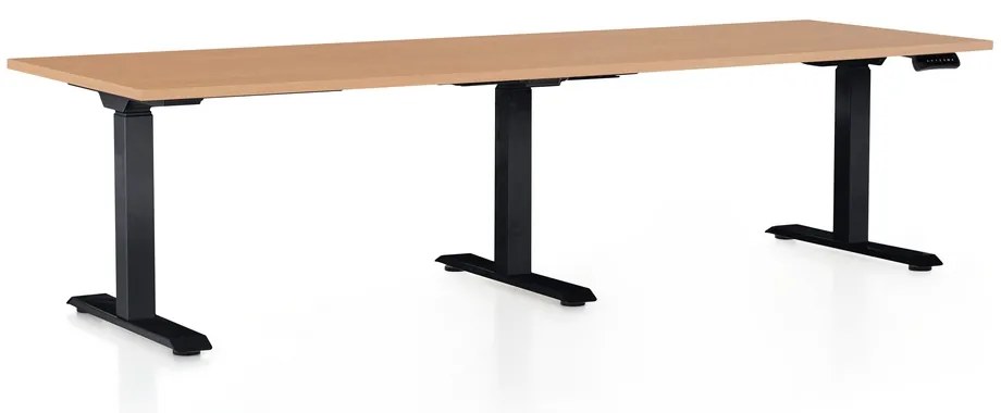 Výškově nastavitelný stůl OfficeTech Long, 240 x 80 cm, černá podnož, buk