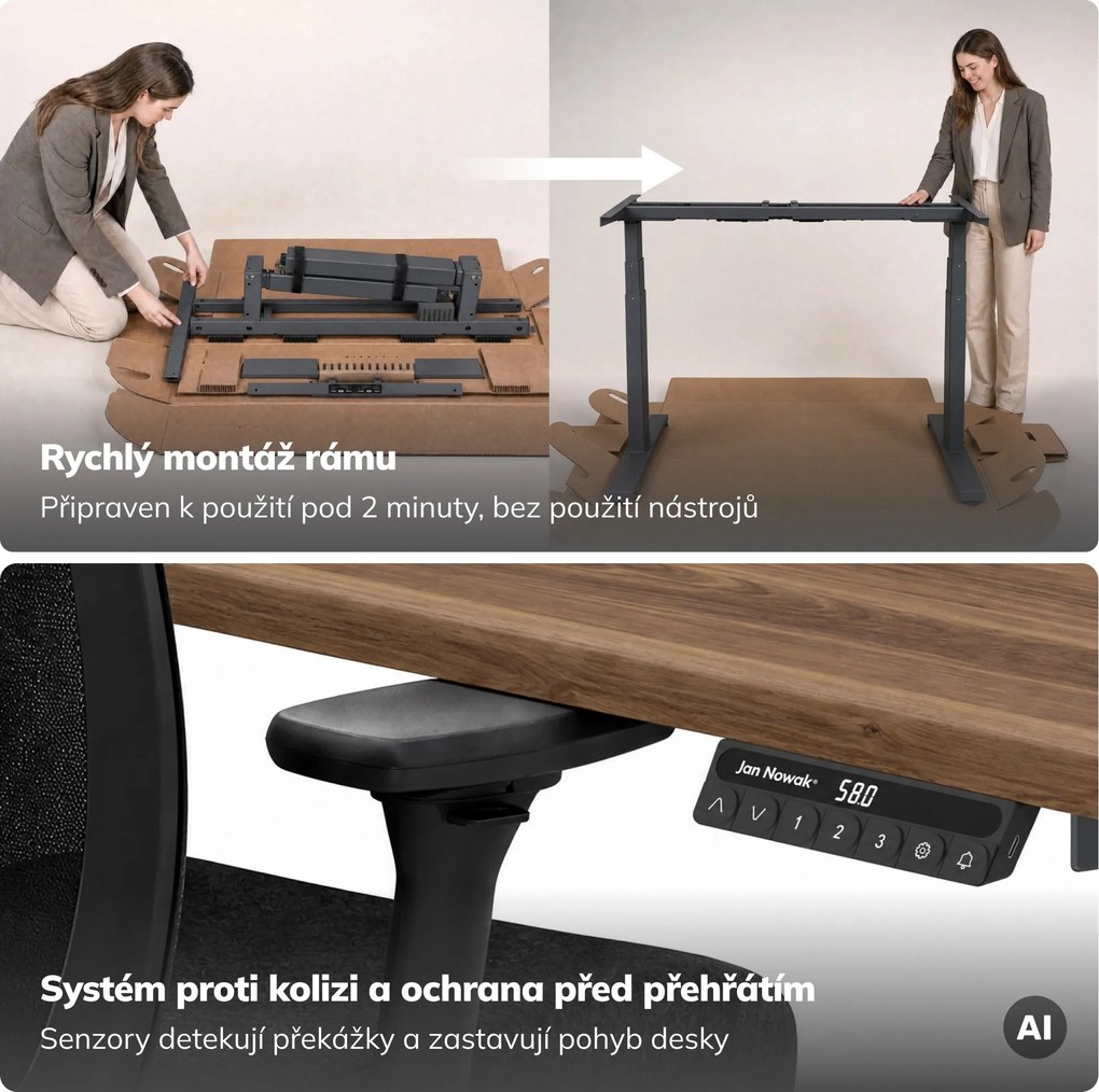Elektrický stůl s regulací výšky ergonomický antracitový/ořech,1400x700 mm: ARIA