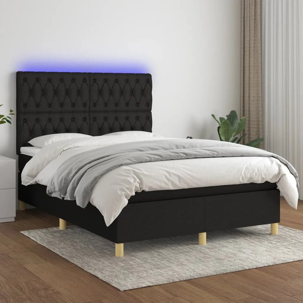 Box spring postel s matrací a LED černá 140x200 cm textil 3135679