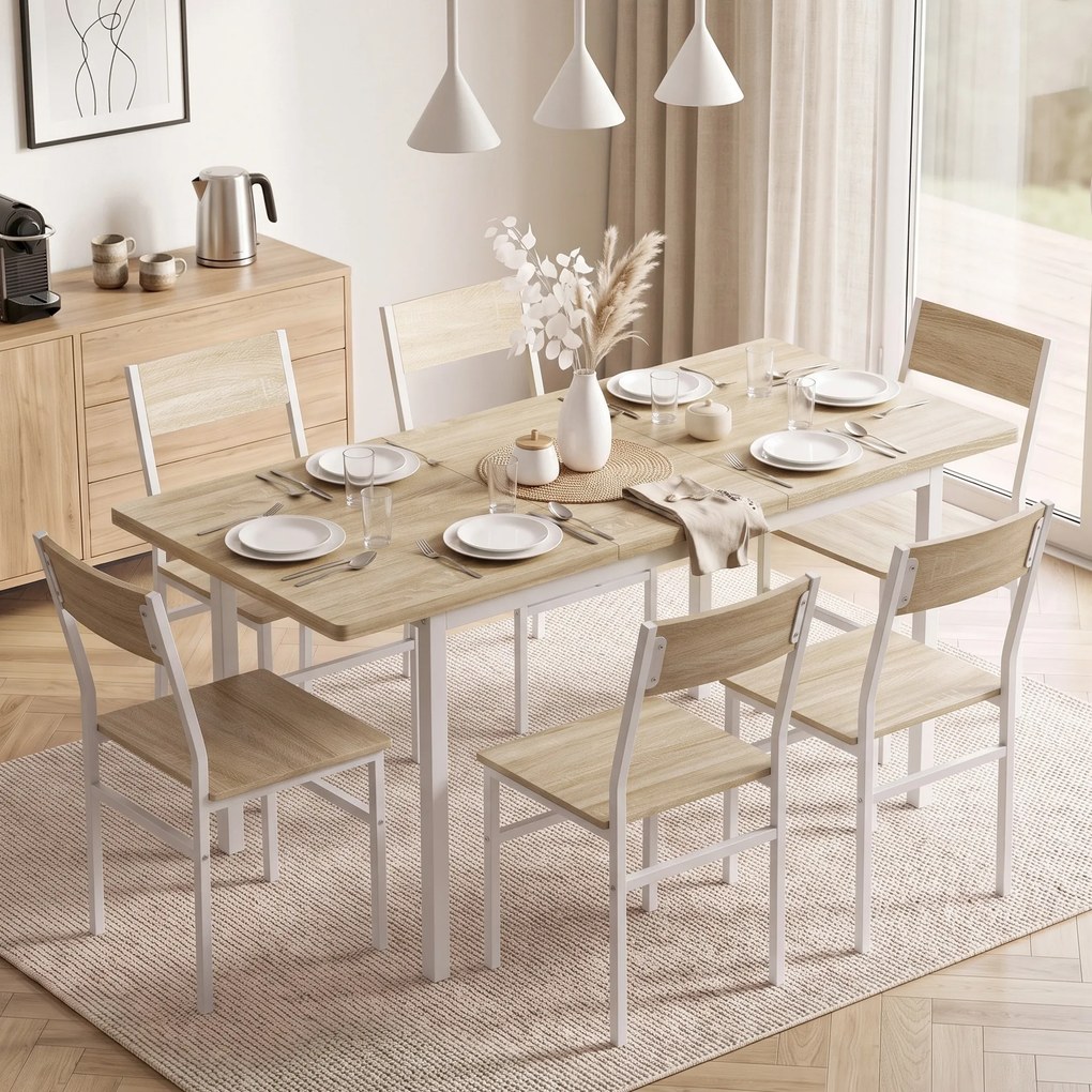 HOMCOM rozkládací jídelní set 120-160 cm se 6 židlemi pro 4-6 osob, vzhled dubu