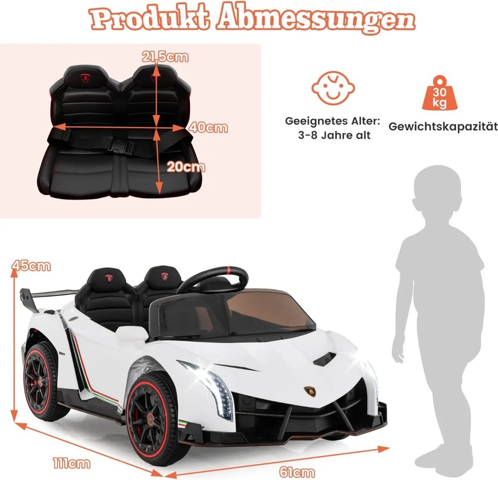 Costway Dětské elektrické auto Lamborghini s dálkovým ovládáním a LED – bílý