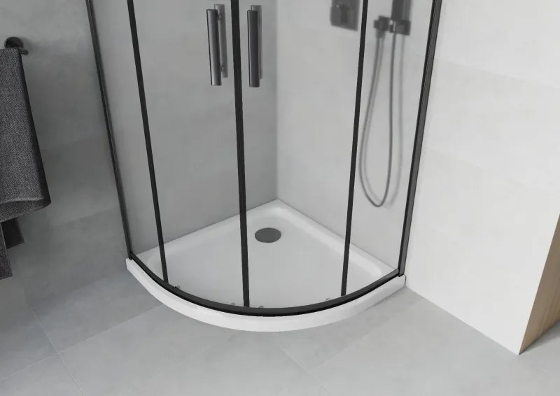 Mexen Rio, čtvrtkruhový sprchový kout s posuvnými dveřmi 80 (dveře) x 80 (dveře) x 190 cm, 5mm sklo námraza, černý profil + bílá sprchová vanička SLIM, 863-080-080-70-30-4110B