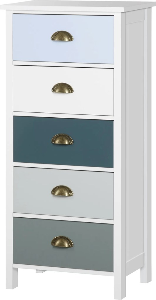 HOMCOM Vícebarevná komoda s 5 zásuvkami - úložný kabinet s kovovými úchytkami z MDF - rozměry 45D x 30Š x 95,4V cm