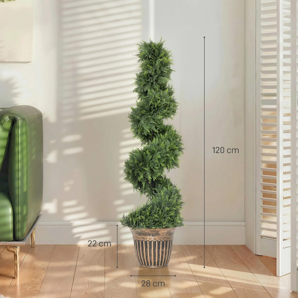 HOMCOM Spirálovitá cypřiš, sada 2 umělých rostlin, s květináčem, výška 120 cm, zelená