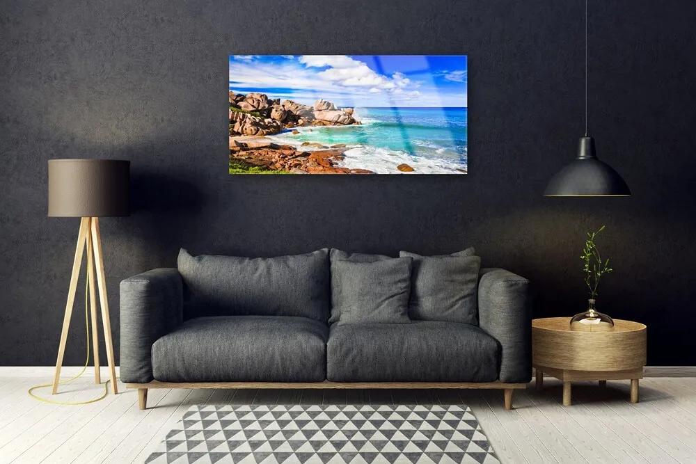 Obraz na skle Pláž Skály Moře Krajina 140x70 cm