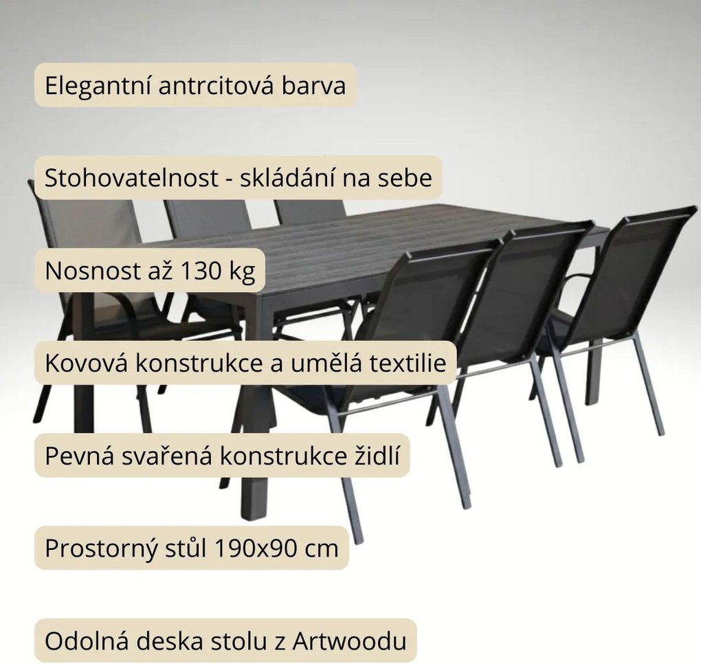 Vikio Venkovní zahradní set 190x90 pro 6 osob DK303-190 antracit