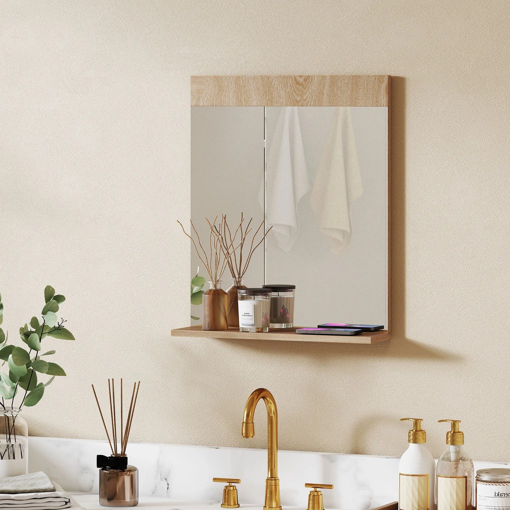 HOMCOM nástěnné koupelnové zrcadlo s otevřenou poličkou, zrcadlo pro předsíň, chodbu 50x12x60 cm, dub