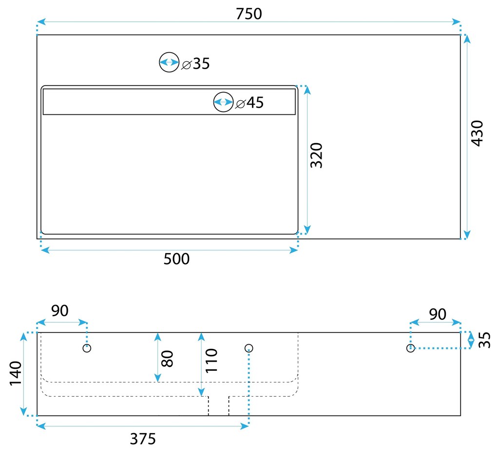 Rea Archi, umyvadlo na desku z konglomerátu 750x430x140 mm, levá verze, šedá matná, REA-U4303