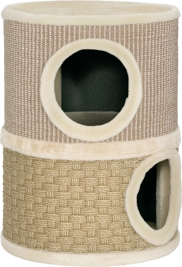 PawHut Škrabací sud, výška 49 cm, Ø35,5 cm, dvoupatrový kočičí sud s plyšovým okrajem, škrabací podložka, 2 jeskyně, khaki + káva