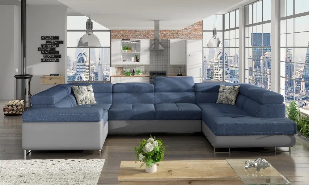 Sedací souprava JARED U 340x202cm – rozklad a úložný prostor pravý roh modrá / šedá - Soro 76 / Soft 29