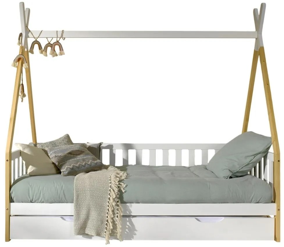 OnaDnes -20% Borovicová postel Vipack Tipi 90 x 200 cm se zábranami a bílou zásuvkou