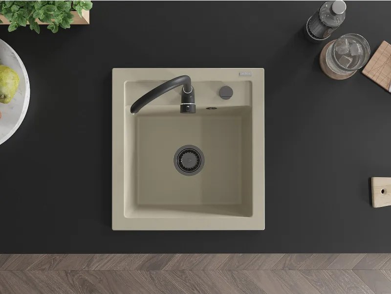 Mexen Vito, granitový dřez 520x490x210 mm, 1-komorový, béžová s černým sifonem, 6503521000-69-B